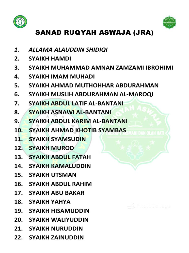 Sanad Jra, Kbra, Ayat Ruqyah, Wirdus Sakron | PDF | Arabs | Islamic Religious Leaders