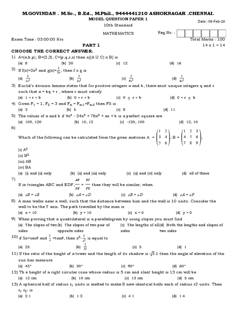 10th Maths Model Question Paper | PDF | Sphere | Geometry