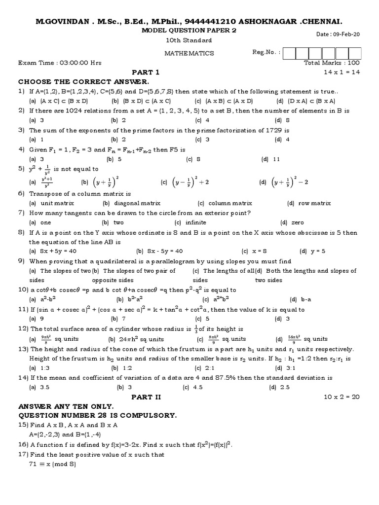 10th Maths Model Question Paper | PDF | Area | Sphere