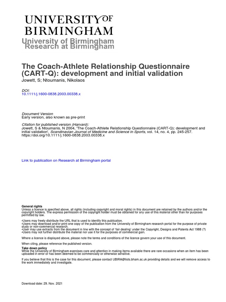 University of Birmingham: The Coach-Athlete Relationship Questionnaire ...