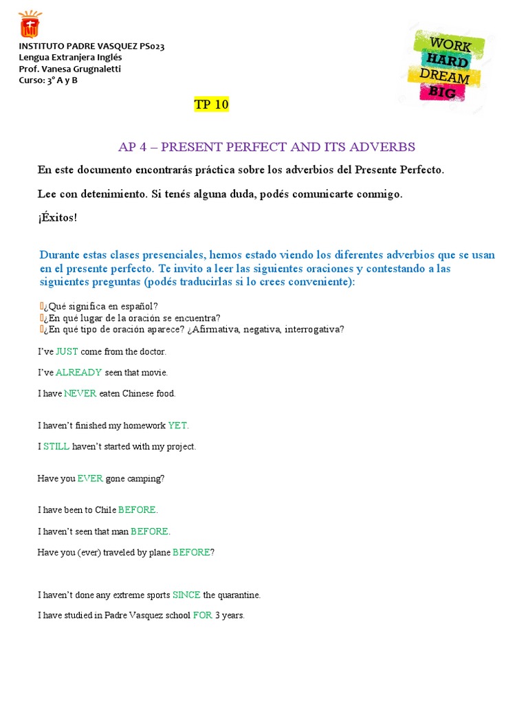 Trabajo Práctico 10 - Present Perfect 3°A y B-1 | PDF | Lingüística