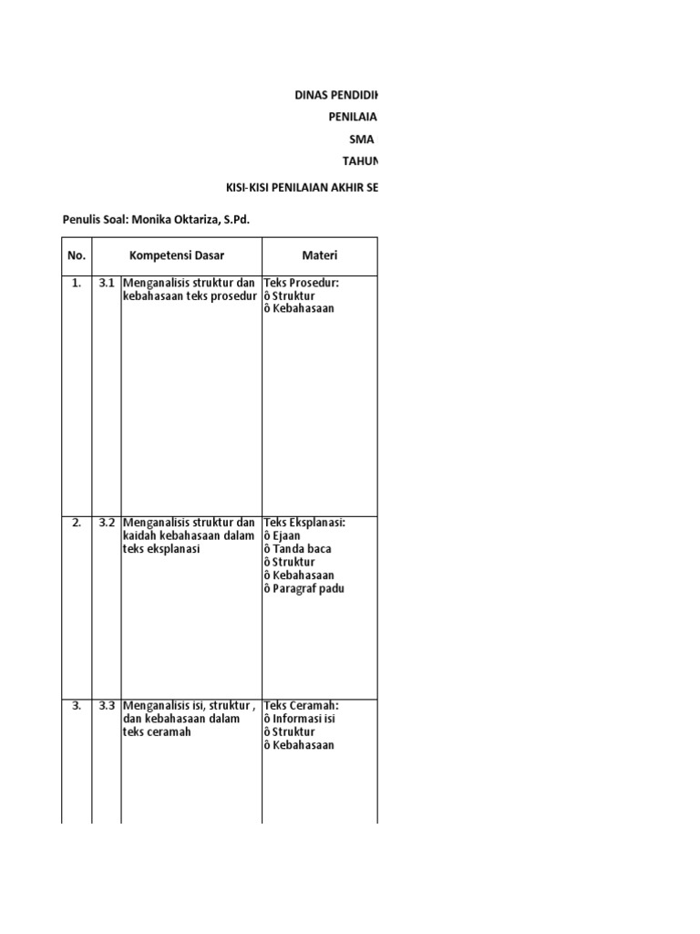 Kisi-Kisi Bahasa Indonesia Kls XI PAS GANJIL 2021-2022 | PDF