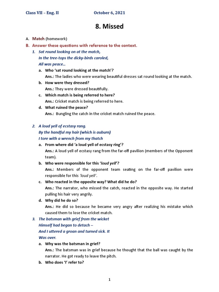 Missed (Class VII - Eng. II) Part 2 | PDF