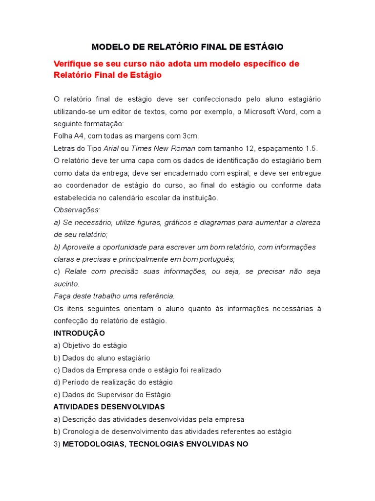 Modelo de Relatório Final de Estagio | PDF