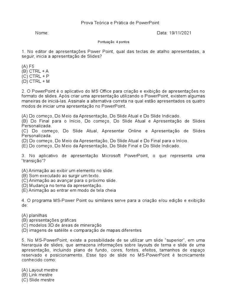 Prova de PowerPoint | PDF | Microsoft Power Point | Informática
