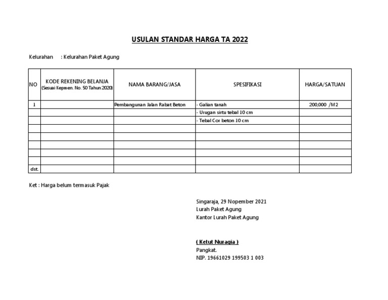 Form Usulan Standar Harga Kelurahan | PDF