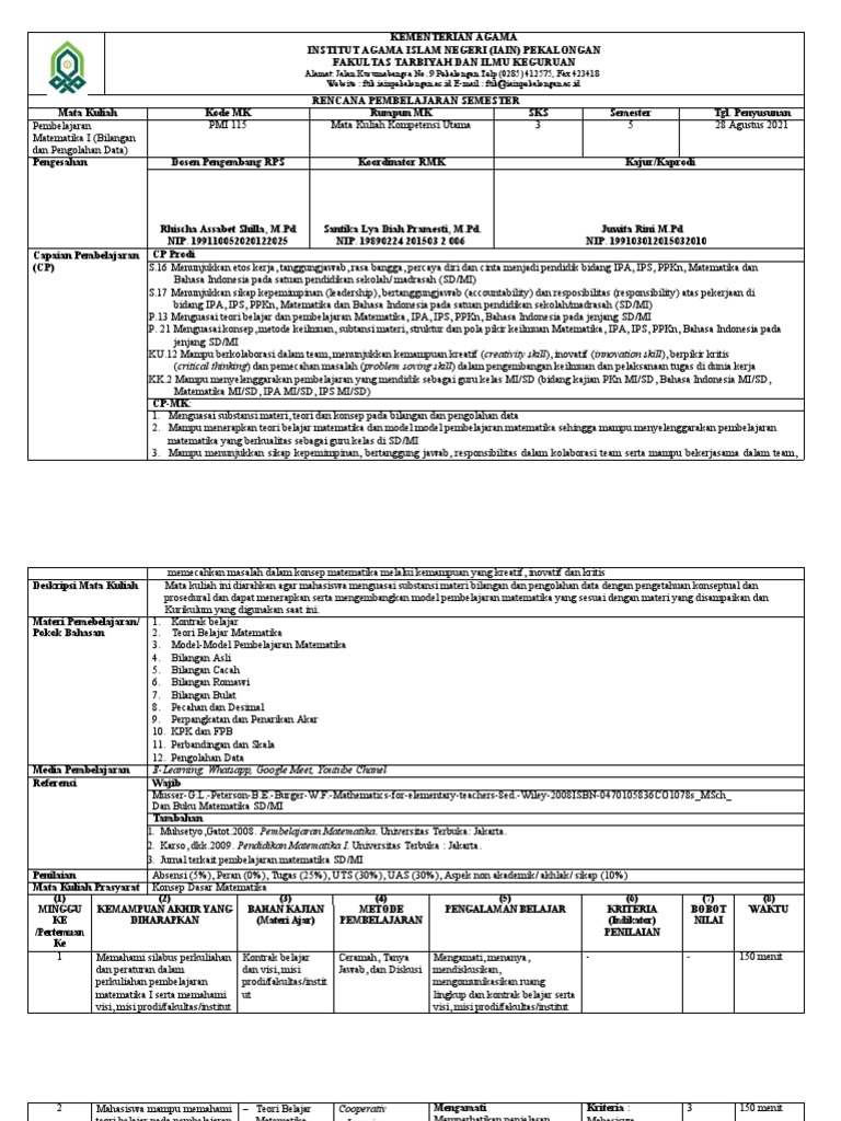 RPS Pembelajaran MTK 1 | PDF