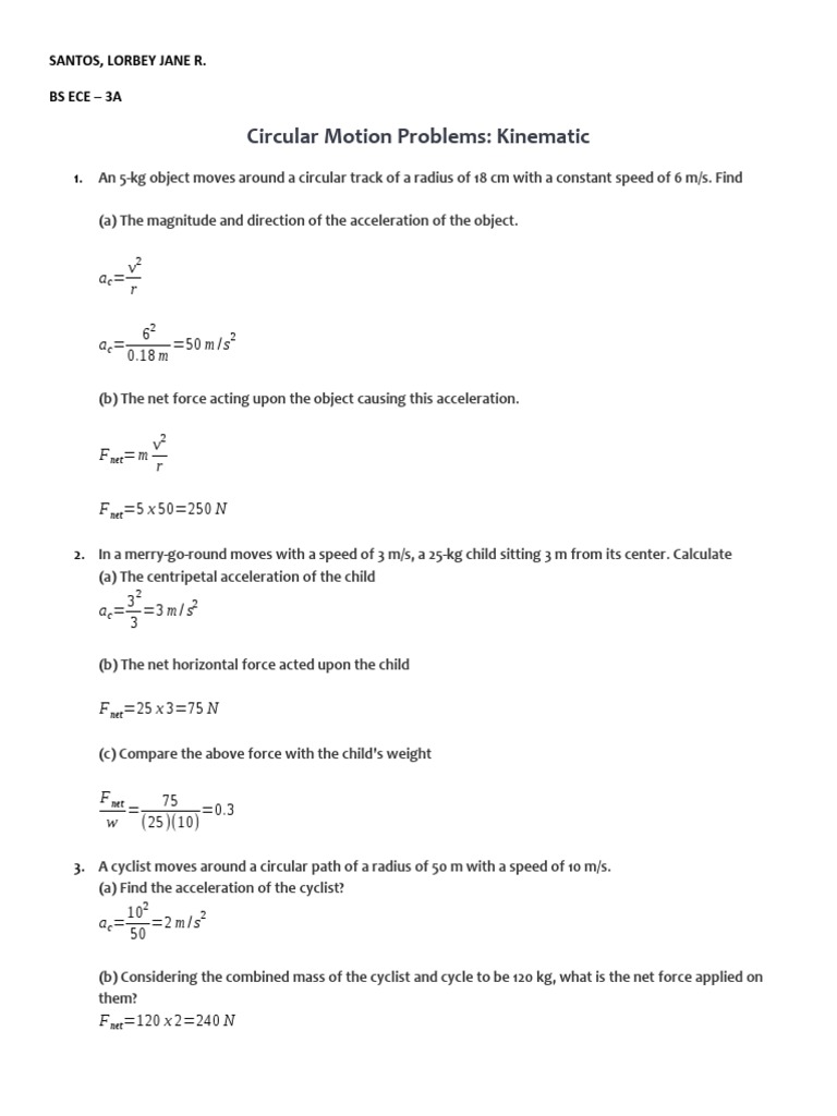 Circular Motion Problems: Kinematic: A V R A | PDF | Acceleration | Speed