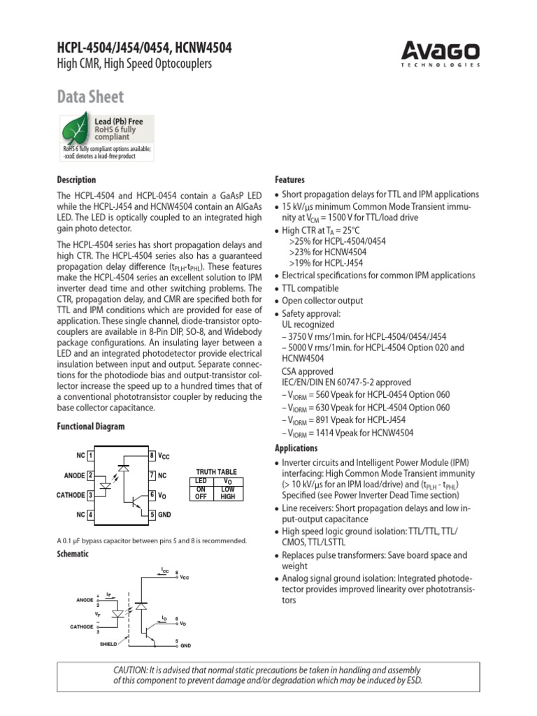 Data Sheet: HCPL-4504/J454/0454, HCNW4504 | PDF | Insulator ...