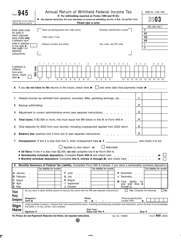US Internal Revenue Service: f945 - 2003 | PDF | Withholding Tax ...
