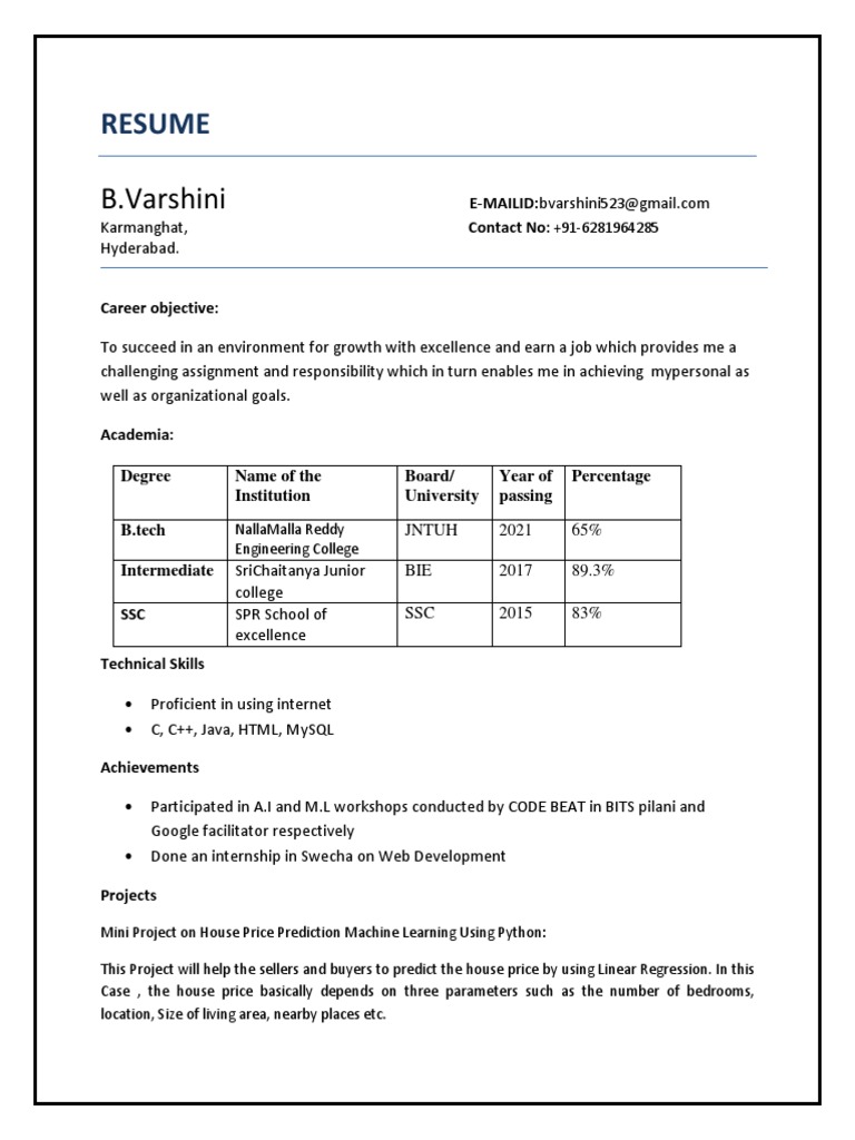 B.Varshini: Resume | PDF | Deep Learning | Cognition