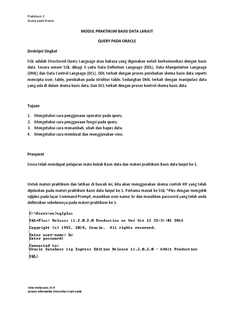 Praktikum 2: Query pada Oracle | PDF