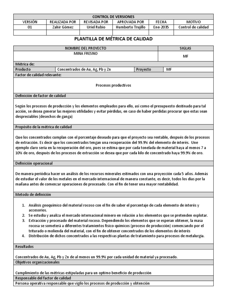 Planificar La Gestión De La Calidad Pdf Minería