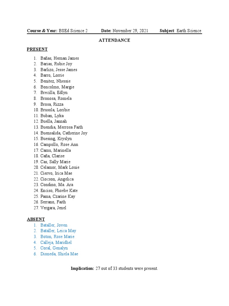 Course & Year: Bsed Science 2 Attendance Present | PDF