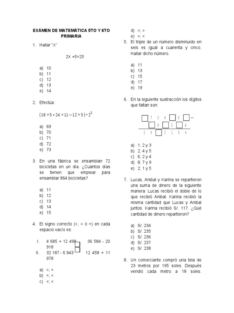 Exámenes de Matemáticas 5º y 6º Primaria | PDF