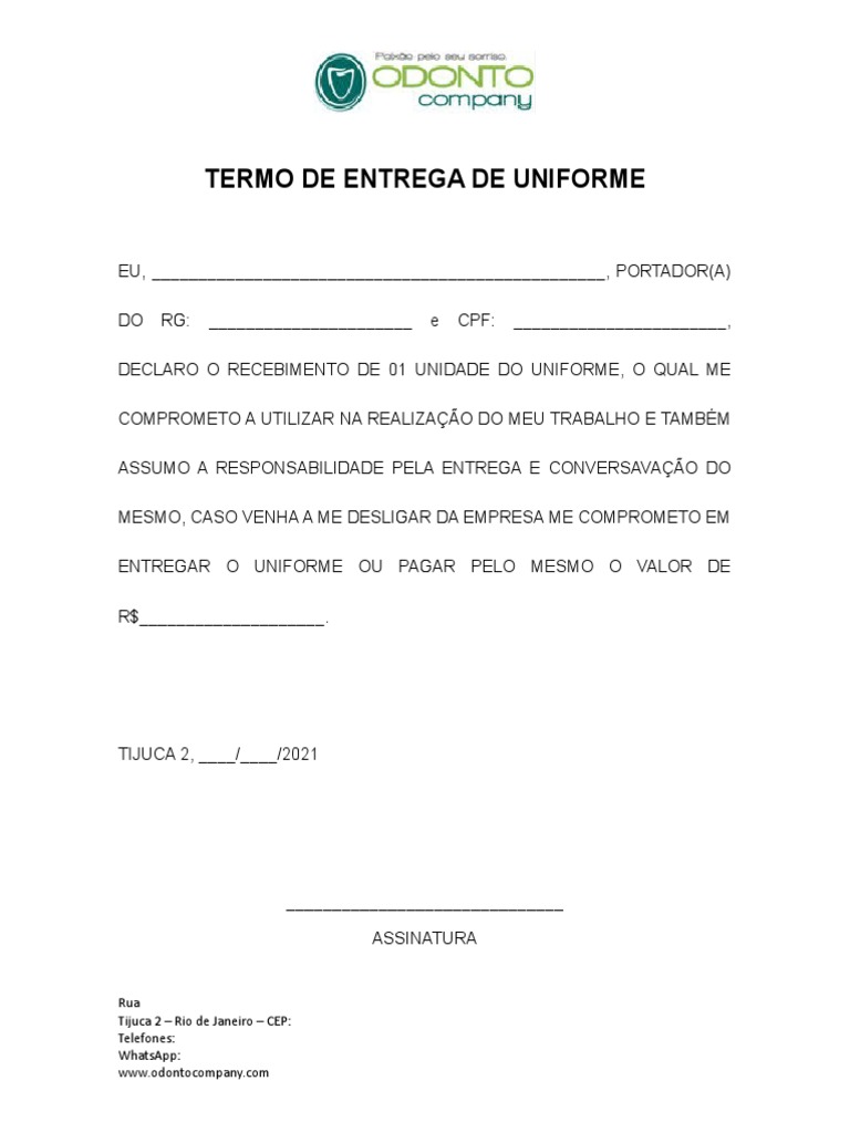 Termo De Entrega De Uniforme Pdf