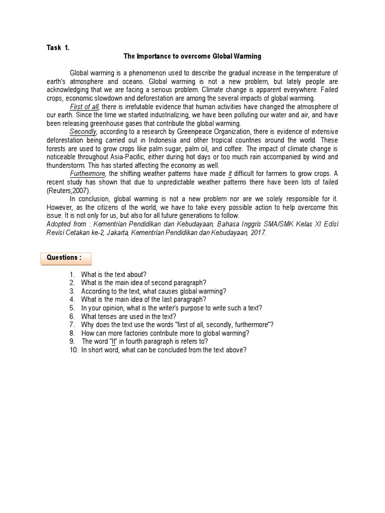 Task 1. The Importance To Overcome Global Warming | PDF | Climate ...