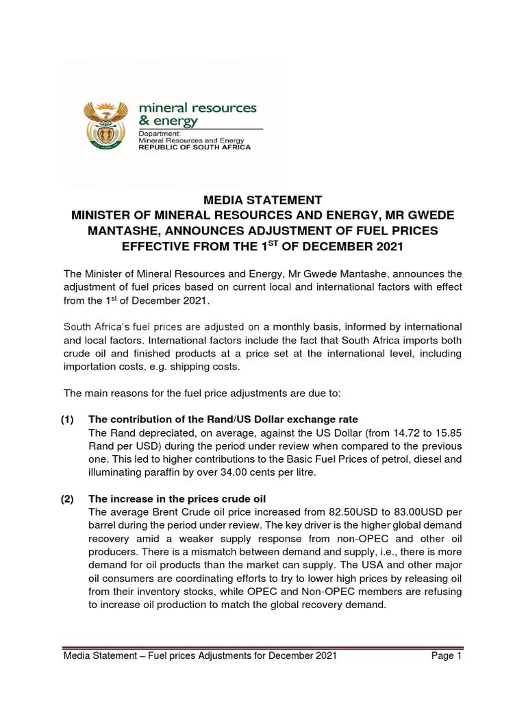 Media Statement - Fuel Prices For December 2021 | PDF | Gasoline And ...