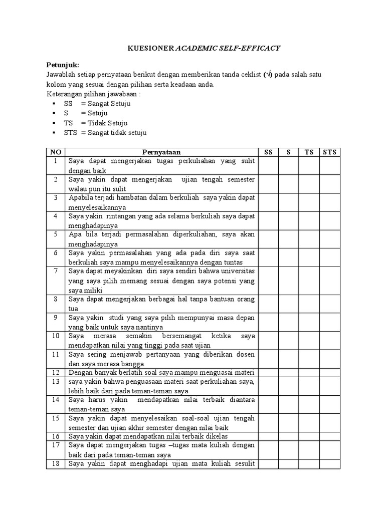 Supplement 1. Academic Self-Efficacy Questionnaire (Indonesian | PDF
