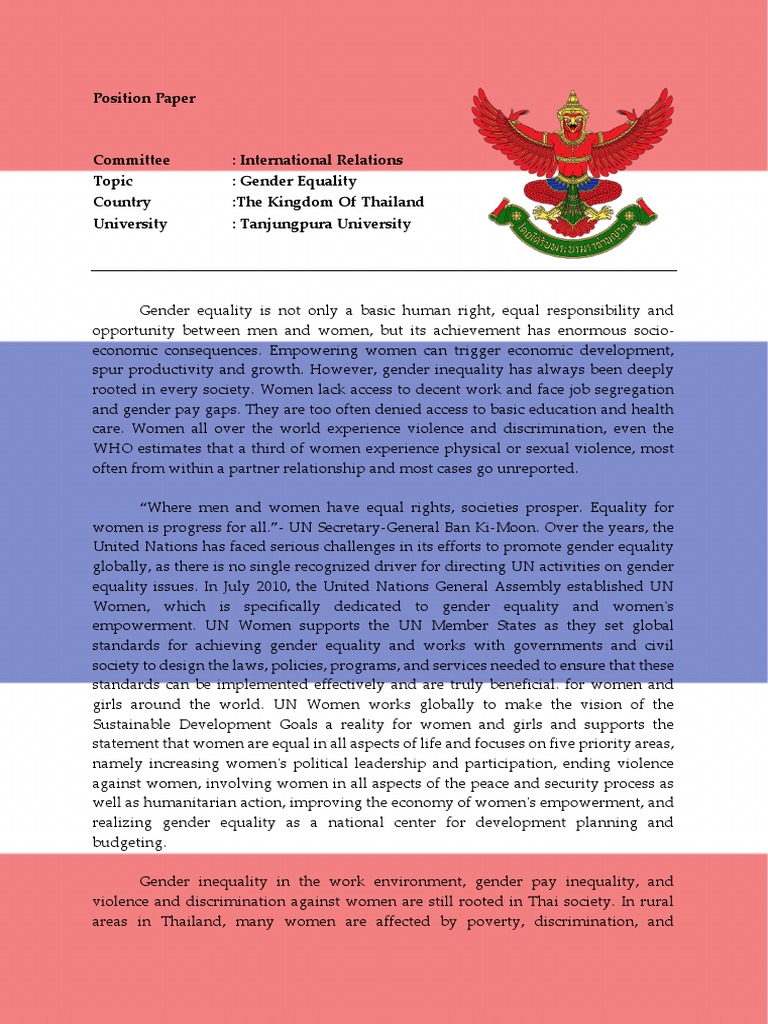 Position Paper Thailand Gender Equality | PDF | Gender Studies | Gender ...