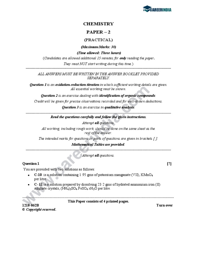 ISC Class 12 Chemistry Paper 2 (Practical) Question Paper - 2018 | PDF | Ion | Chemistry
