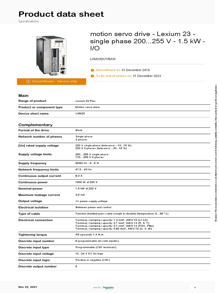 Product specifications and wiring diagrams for discontinued Lexium 23 motion servo drive | PDF ...