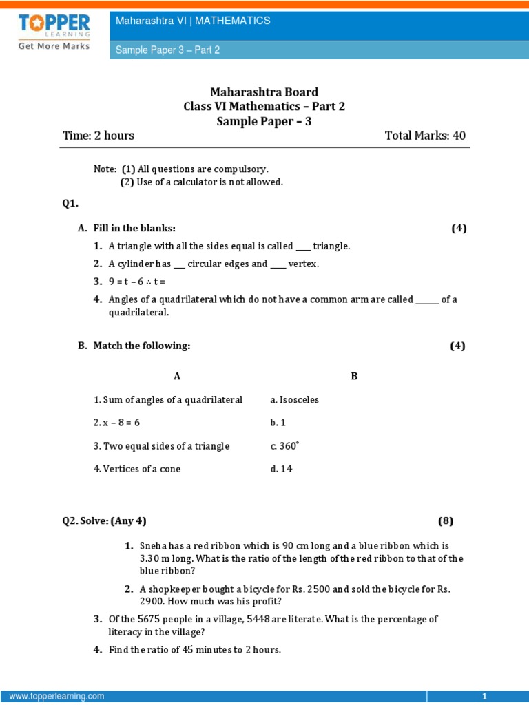 Mathematic Class 6 CBSE Papers | PDF | Triangle | Geometric Shapes