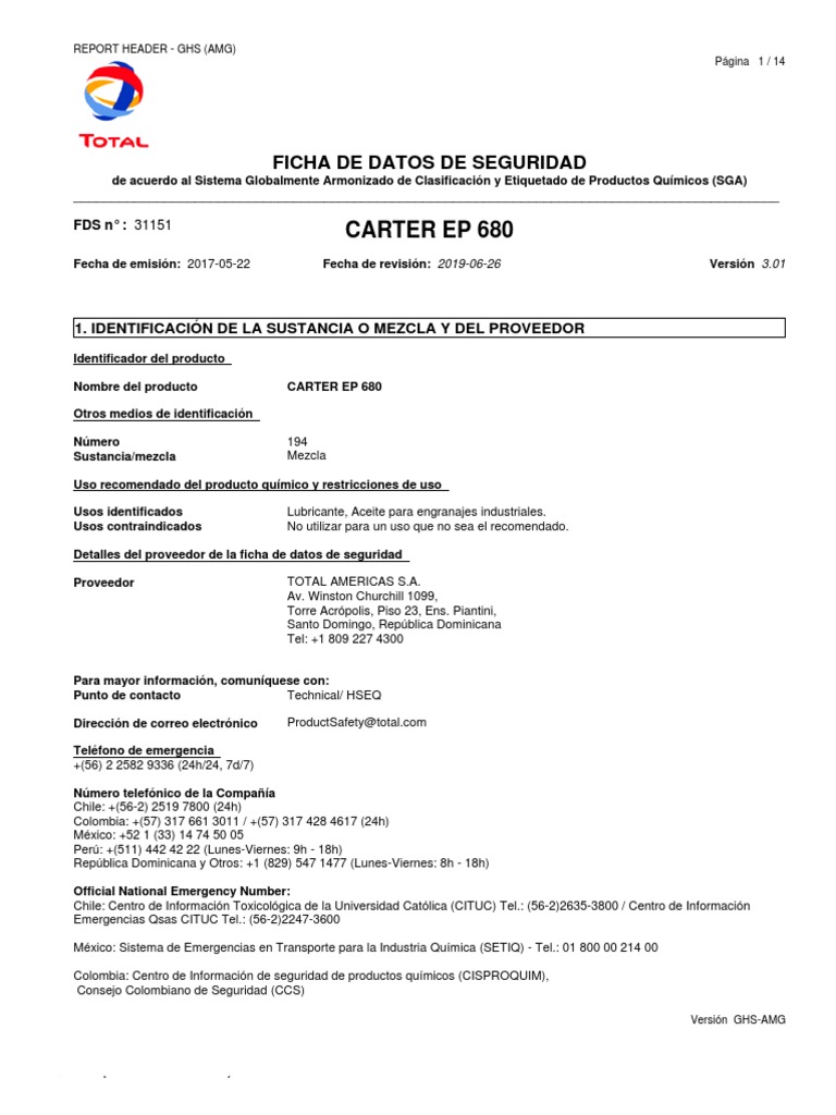 MSDS Carter Ep 680 Esp | PDF | Combustión | Reciclaje