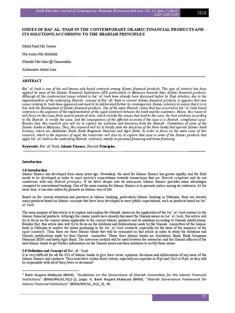 Issues of Bai' Al - Inah in The Contemporary Islamic Financial Products ...