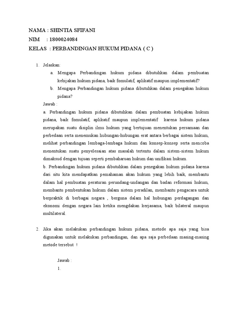 Uts Perbandingan H.pidana-Shintia Sfifani 1800024084 | PDF | Hukum