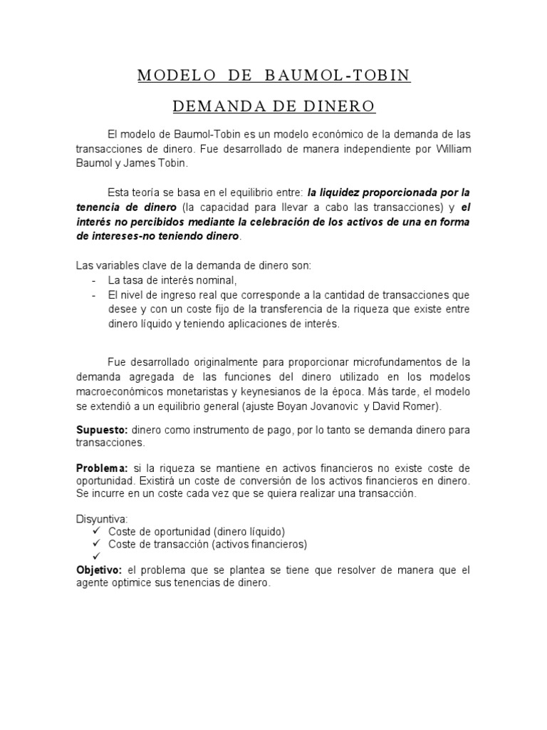 Demanda de Dinero: Modelo Baumol-Tobin | PDF | Dinero | Bancos