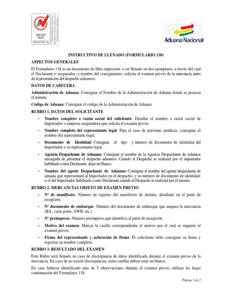 INSTRUCTIVO DE LLENADO Form 138 | Descargar gratis PDF | aduana | Factura