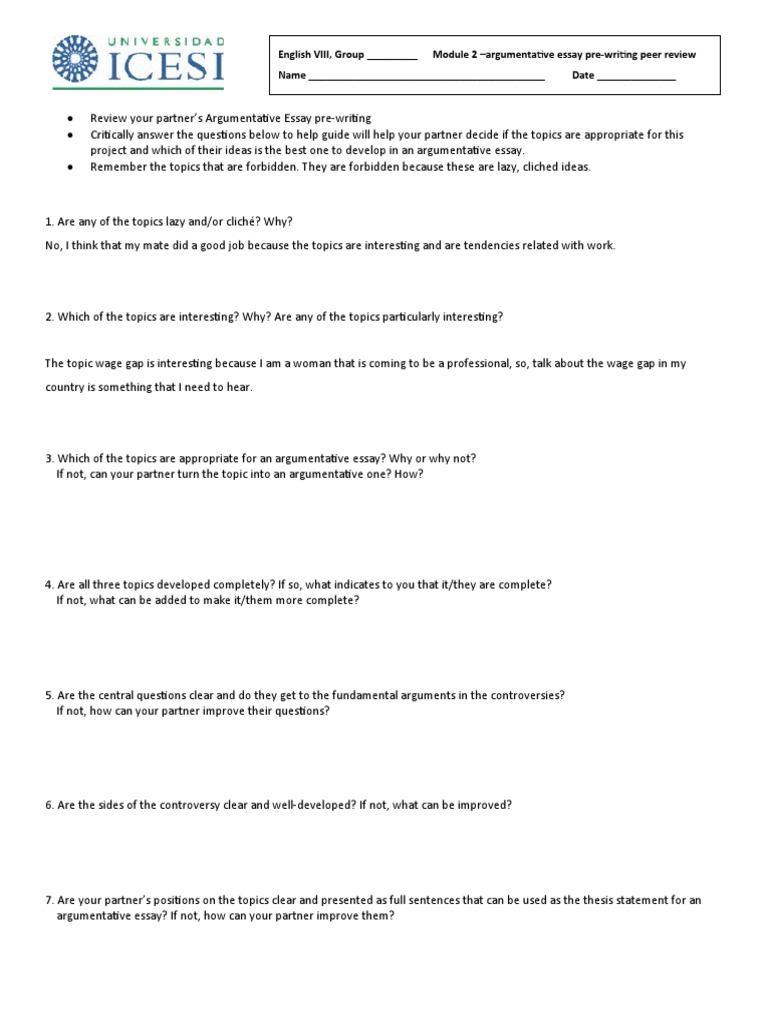 Step 4 - Argumentative Essay Pre-Writing Peer Review | PDF