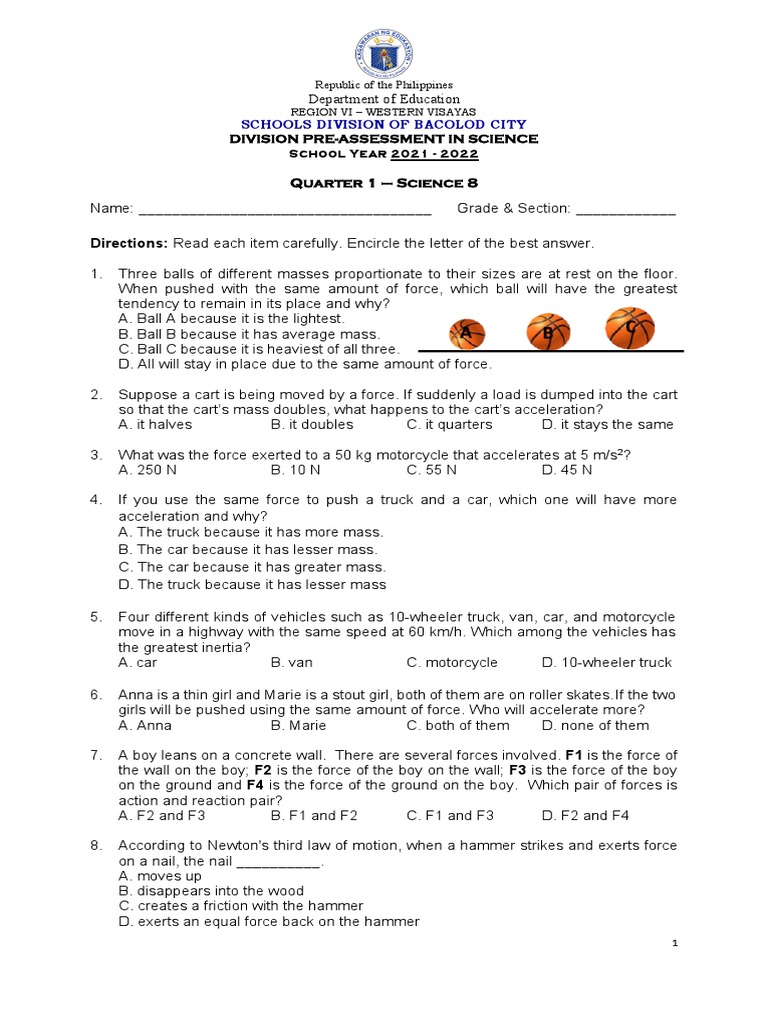 Pre Assessment G8 Physics First Quarter 1 1 | PDF | Force | Electrical ...