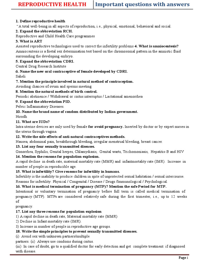 Reproductive Health Questions With Answers | PDF | Birth Control ...