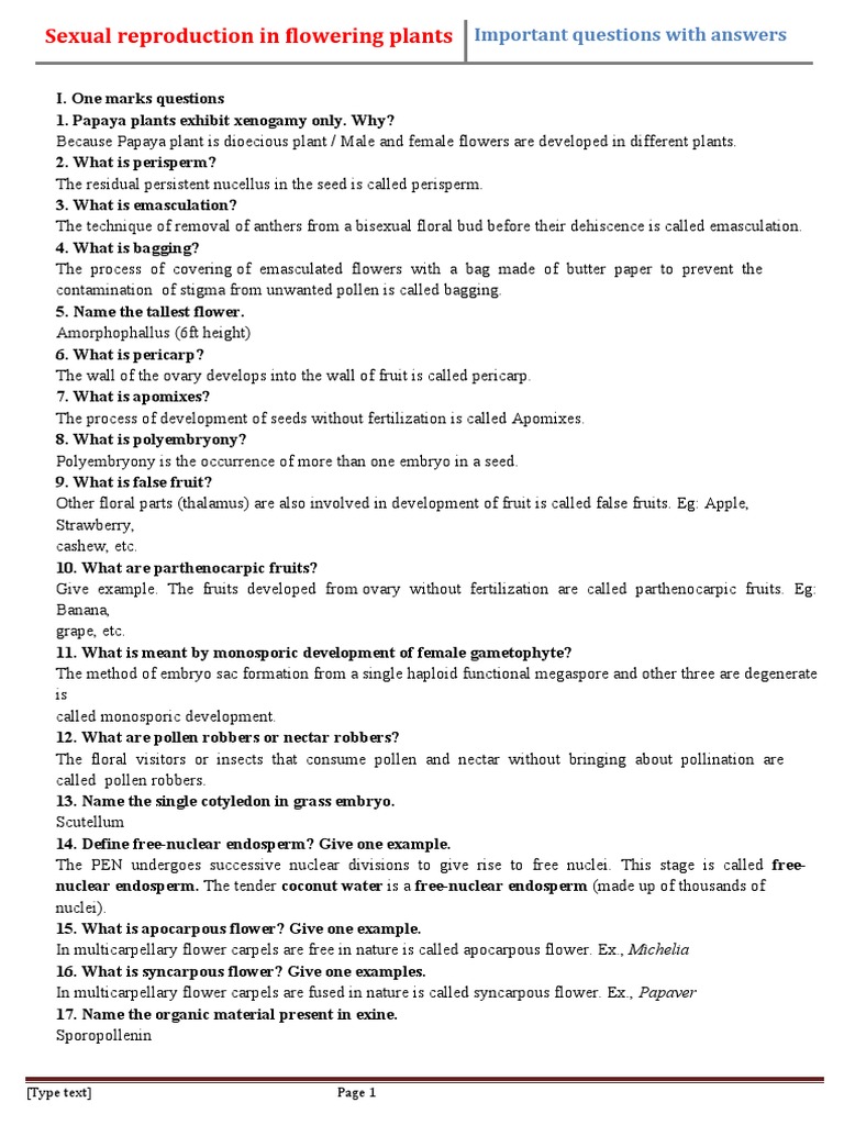 Sexual Reproduction in Flowering Plants Questions With Answers | PDF ...