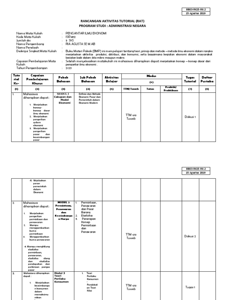 Rancangan Aktivitas Tutorial (Rat) Program Studi: Administrasi Negara | PDF