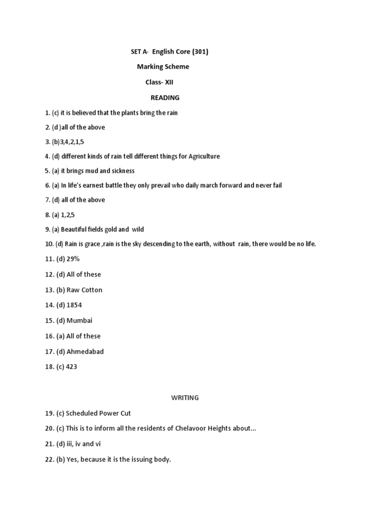 English Core (301) Marking Scheme Class-XII Reading: Set A | PDF