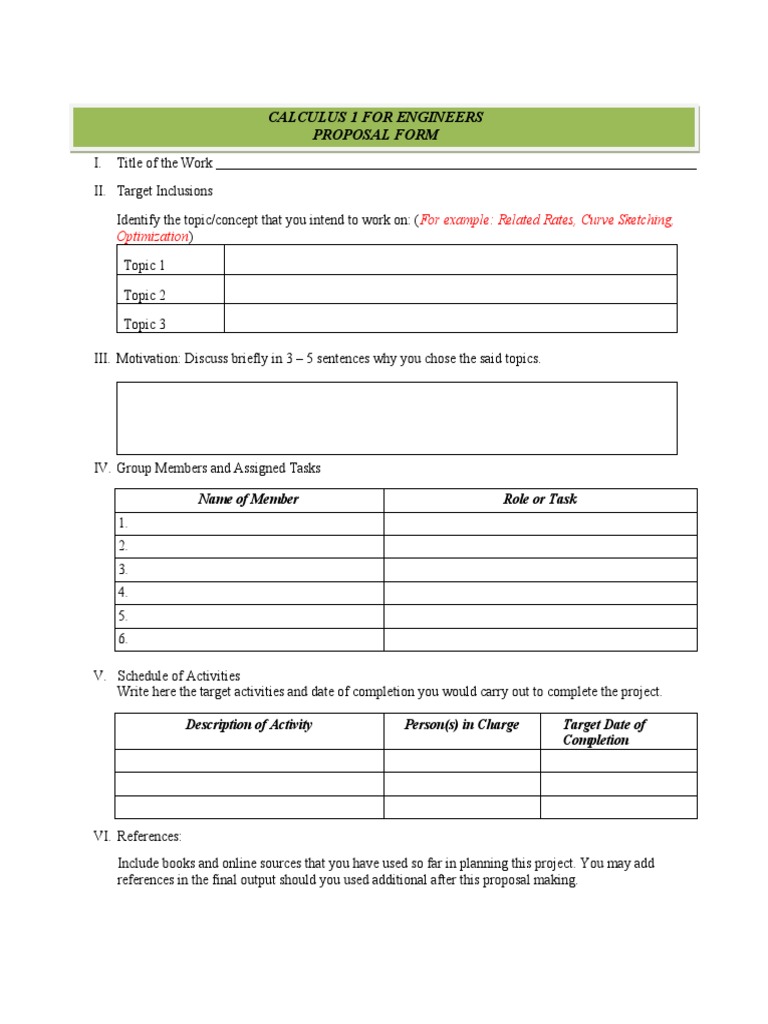 Calculus 1 For Engineers Proposal Form: For Example: Related Rates ...