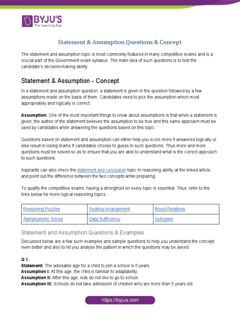 Statement Assumption Questions Concept | PDF | Test (Assessment) | Reason