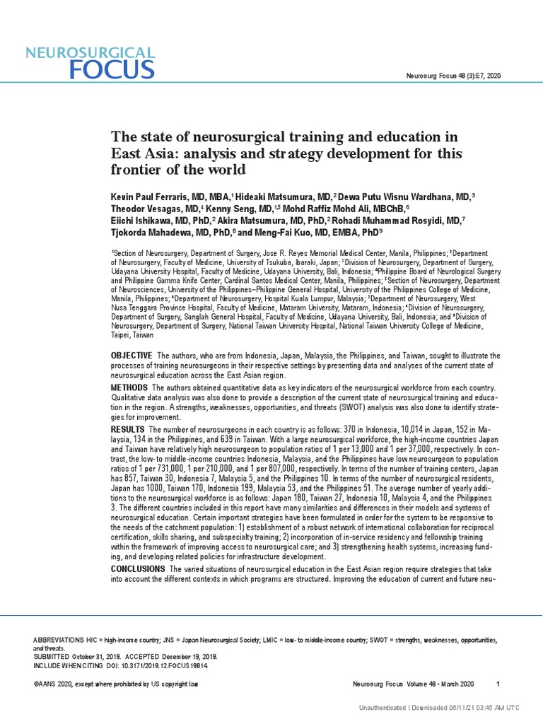 The State of Neurosurgical Training and Education in East Asia ...