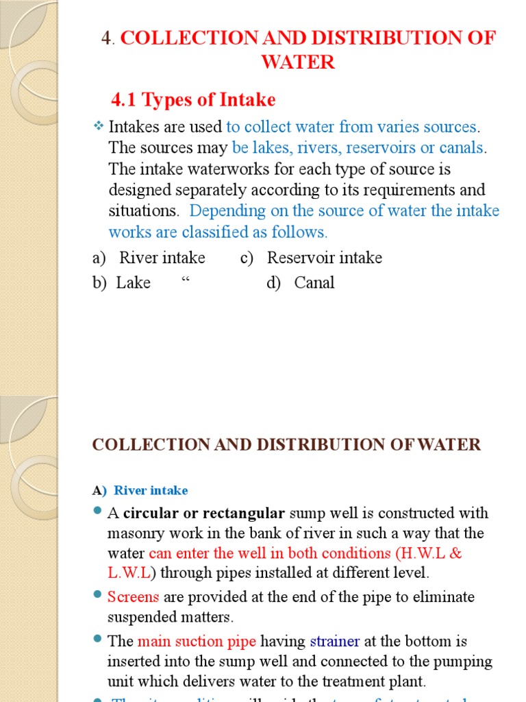 Collection and Distribution of Water 4.1 Types of Intake | PDF | Pump ...