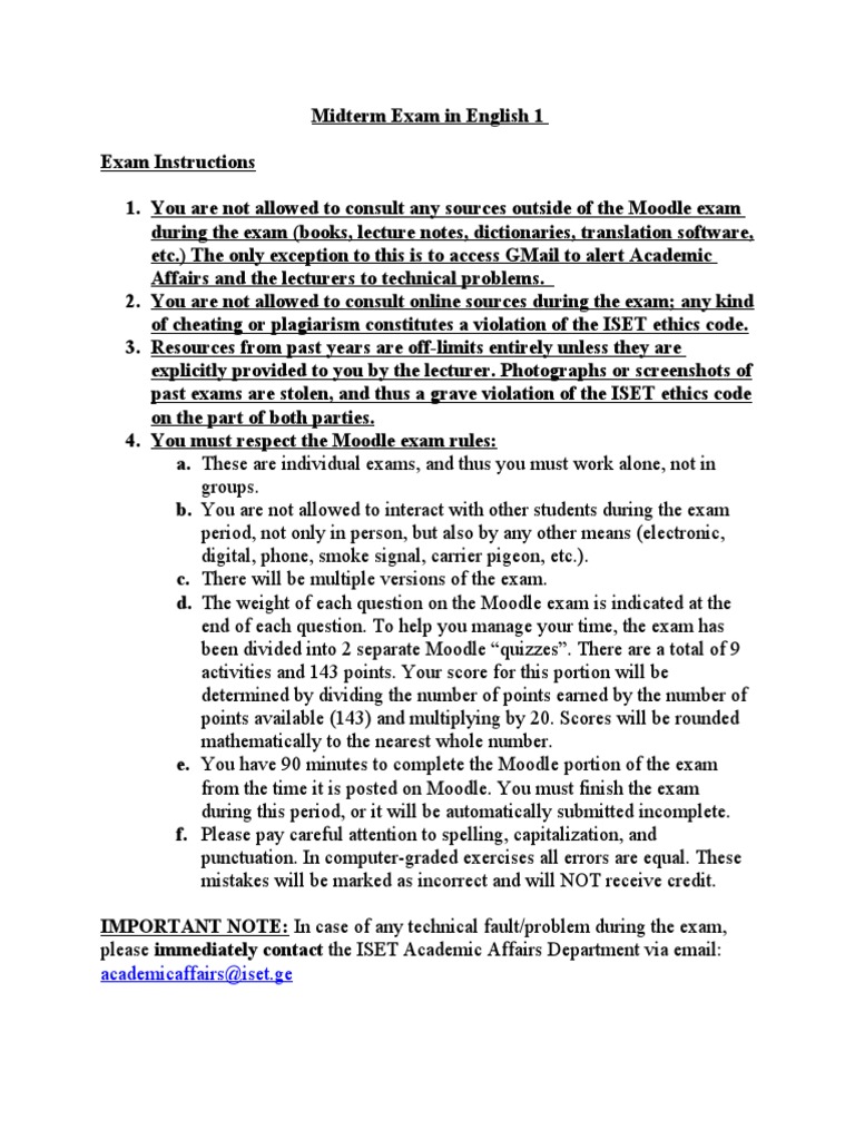 Midterm Exam Instructions English 1 | PDF