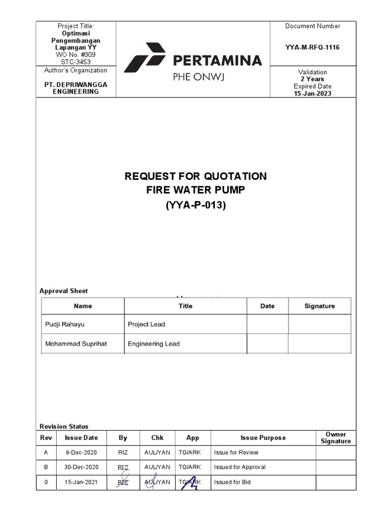 YYA-M-RFQ-1116 RFQ For Fire Water Pump Rev.0 | PDF | Specification (Technical Standard ...