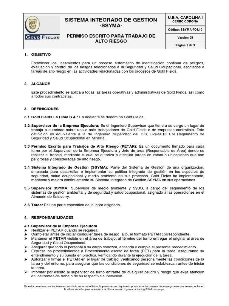 SSYMA-P04.10 Permiso Escrito para Trabajo de Alto Riesgo V8 | PDF | Seguridad y salud ocupacional