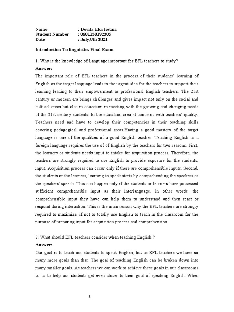 Devita Eka Lestari - FinalExam - ITL | PDF | English As A Second Or Foreign Language | Teachers