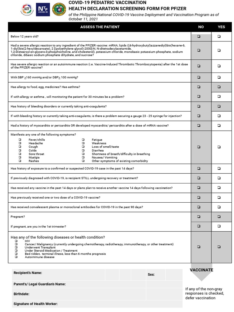 Health Declaration and Screening Form For Pedia Vax | PDF | Allergy ...