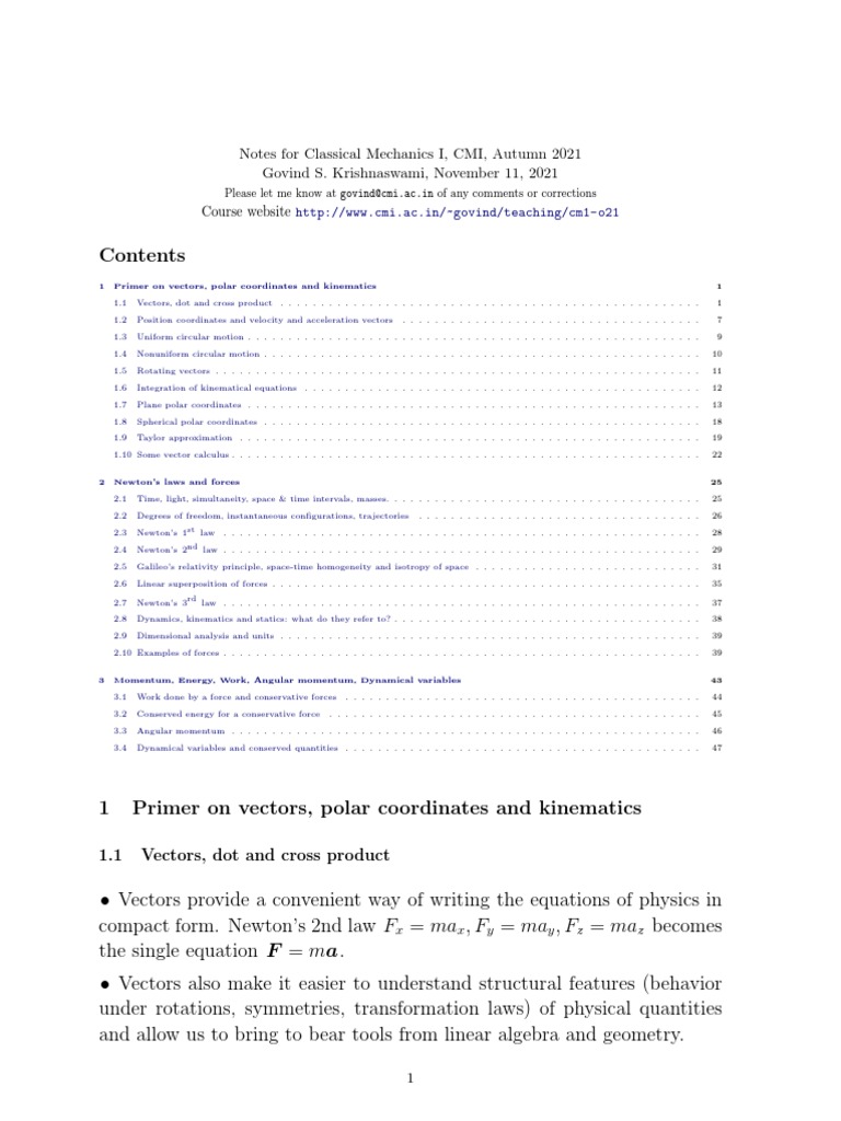 Cm1-Lecture-Notes-Gk-2021-16 NOV | PDF | Acceleration | Euclidean Vector