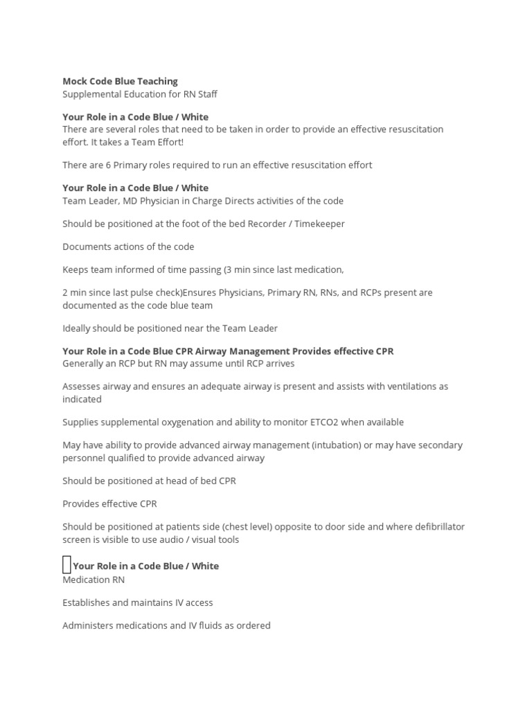 Mock Code Blue Teaching Your Role in A Code Blue / White | PDF ...