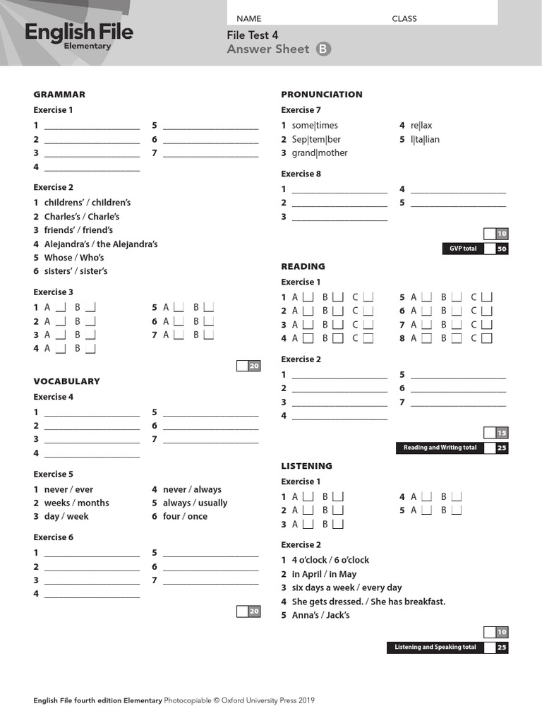 EF4e File Test 4B Answer Sheet | PDF | Cognition | Languages